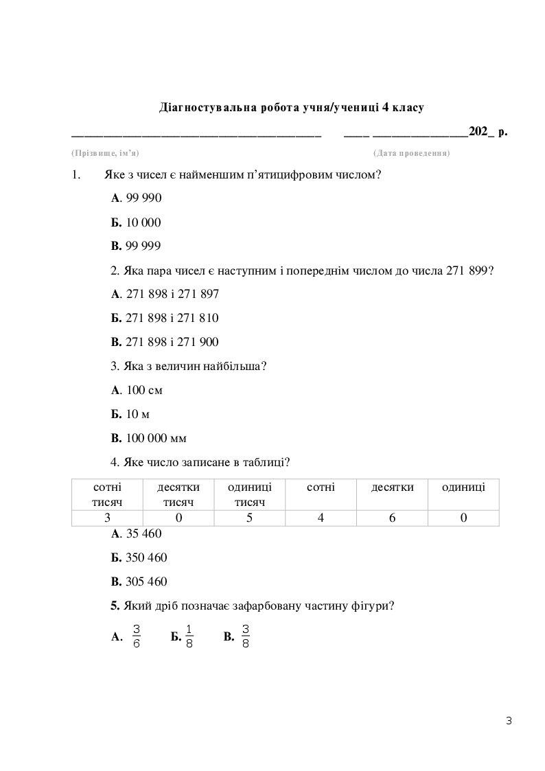 Підсумкова діагностувальна робота з математики 4 клас Математика