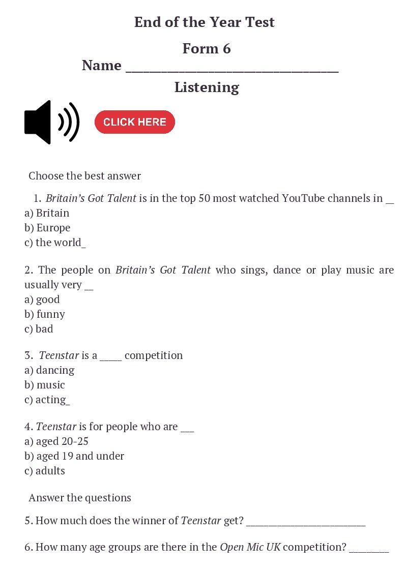 End of the year test Grade 6 | Тест. Англійська мова