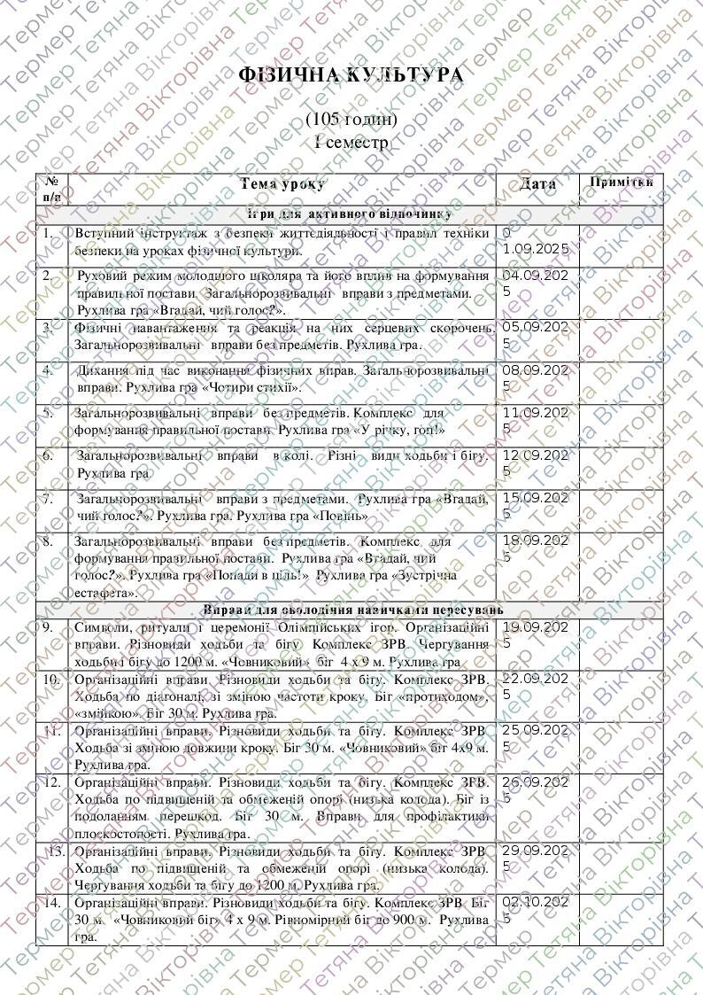 Календарно тематичне планування з фізичної культури 2 клас КТП Фізична культура